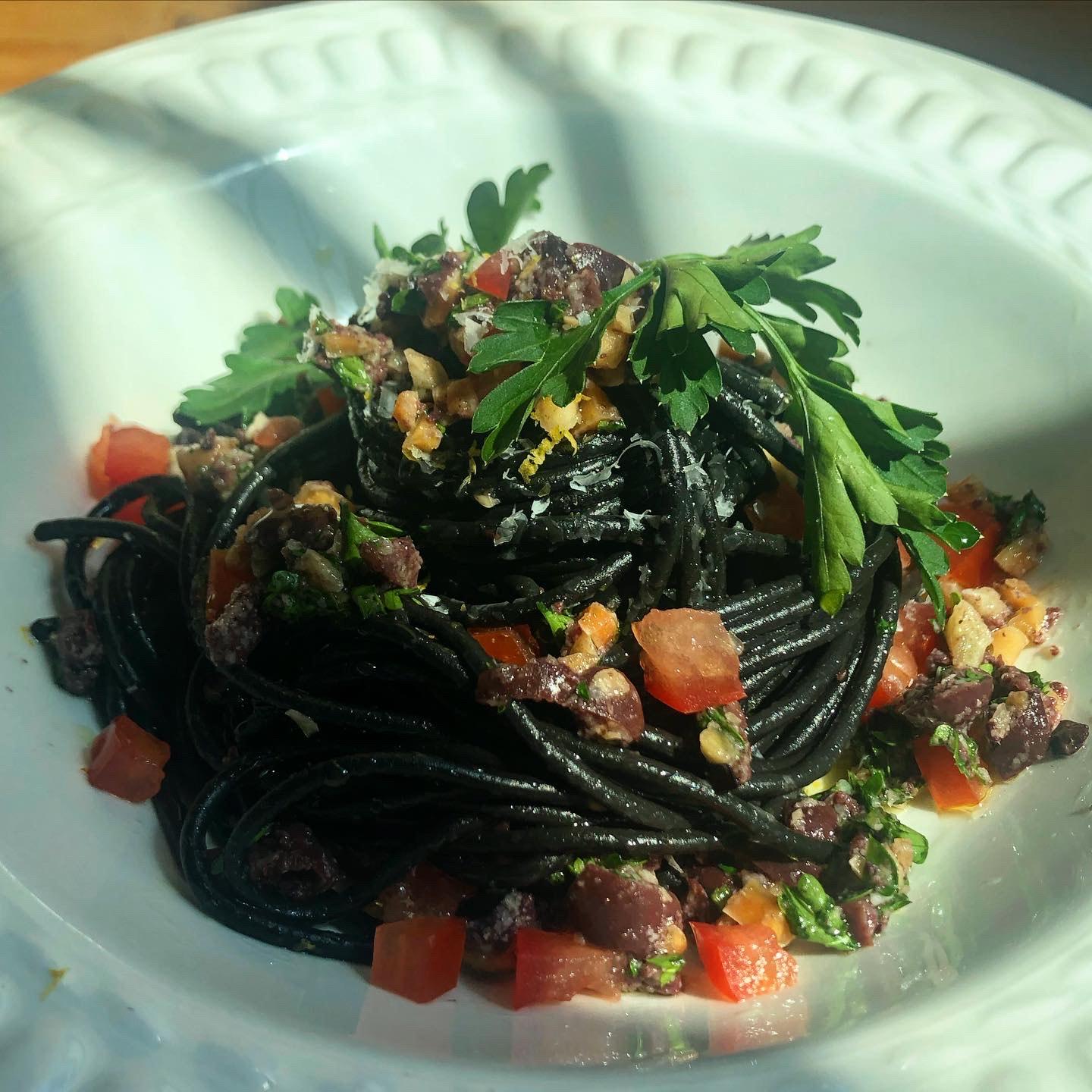 Black Spaghetti with Rustic Kalamata Olive Pesto – McLeans Specialty Foods
