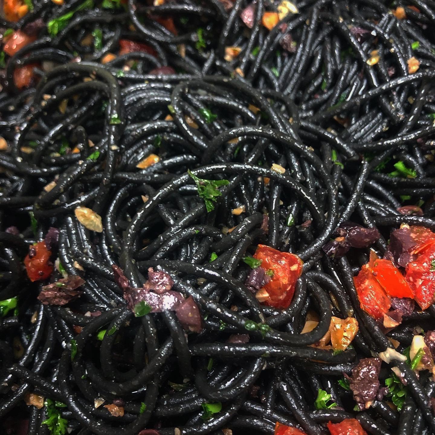 Black Spaghetti with Rustic Kalamata Olive Pesto – McLeans Specialty Foods